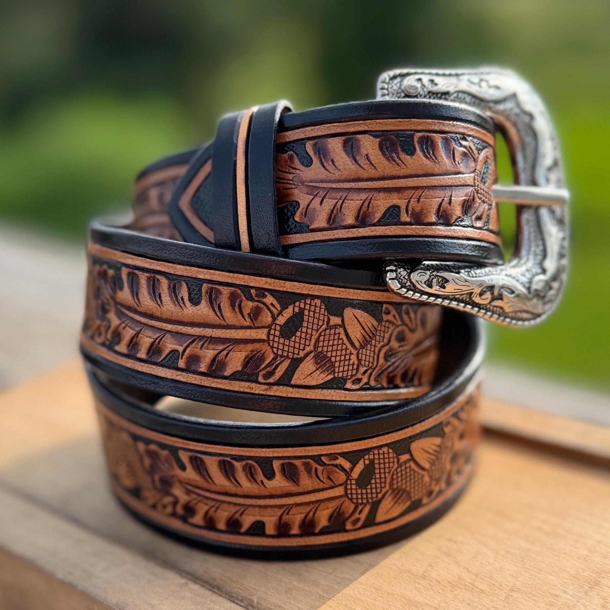Genuine Leather Western Belt with tooled leaf acorn details by Double ...